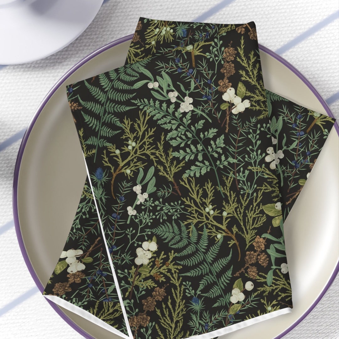 Cloth Napkin Set of 4 Rustic Yuletide Forest Napkins Green Winter Ferns ...