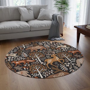 Round Forest Animal Rug - Rustic Woodland Tree Rug Round, Scandinavian ...