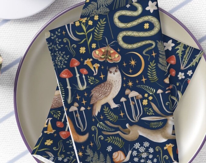 Dark Woodland Cloth Napkins - Forest Animal Napkins Blue Mushroom Owl ...