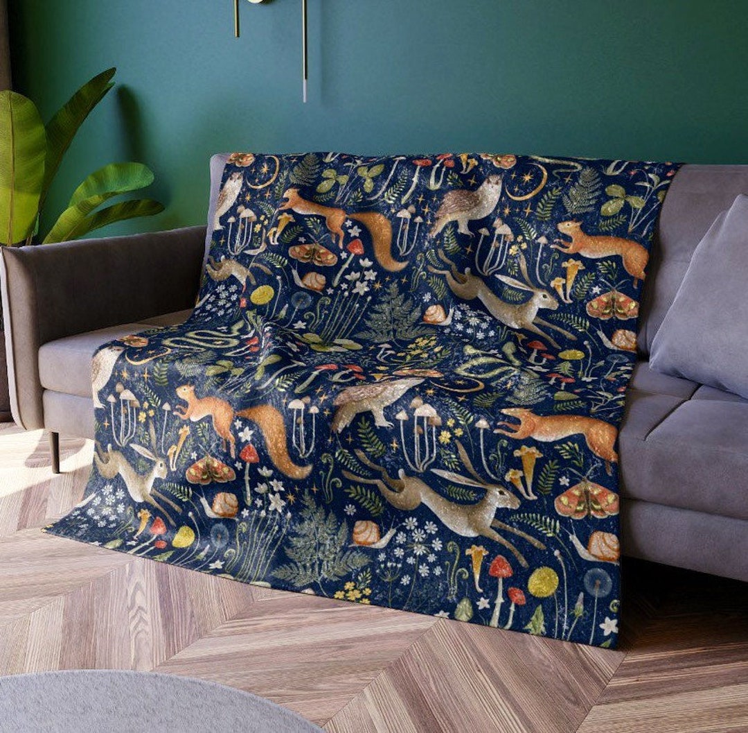 Dark Blue Magical Woodland Throw Blanket - Velvety Fairy Forest Animal ...