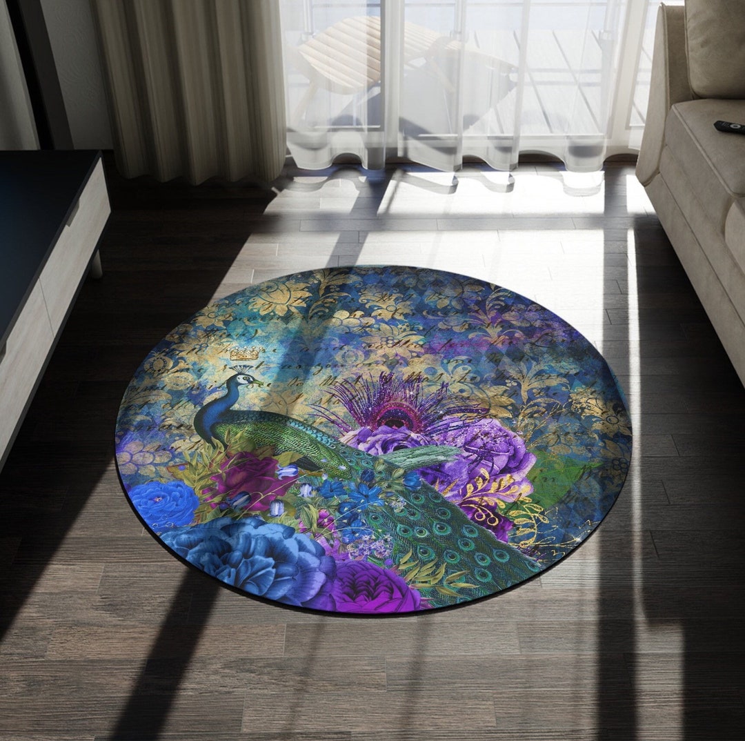 Peacock Rug - Round Floral Peacock Area Rug - Etsy
