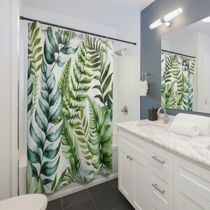 Fern Shower Curtain - Tropical Watercolor Leaf and Ferns Botanical ...