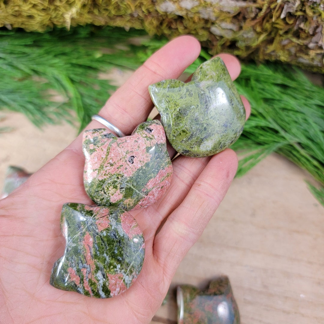 Unakite Cat Face From Brazil, Polished Carved Crystal Kitty Cats, Pink ...