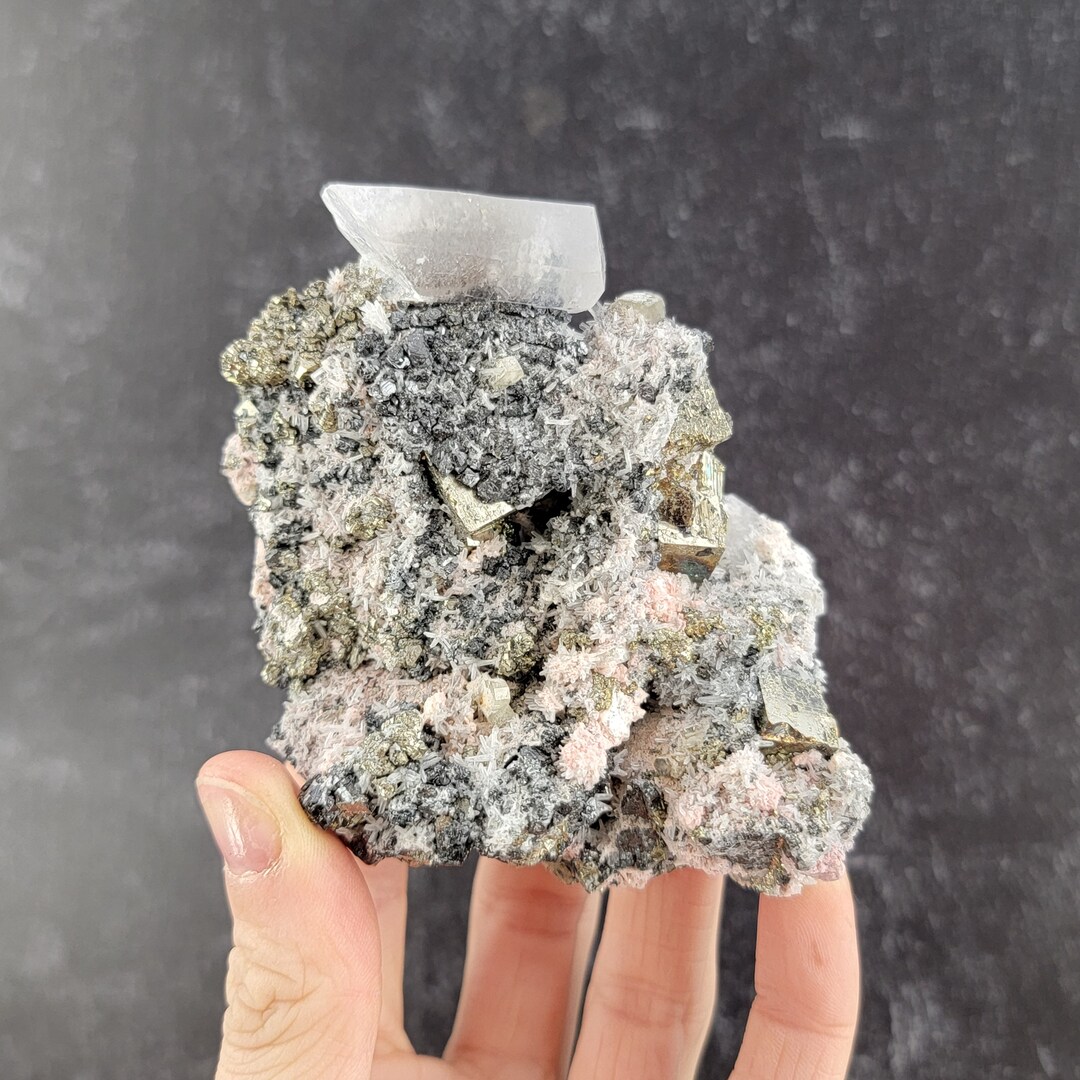 Calcite on Quartz, Rhodonite, Pyrite + Sphalerite From Peru, Natural ...