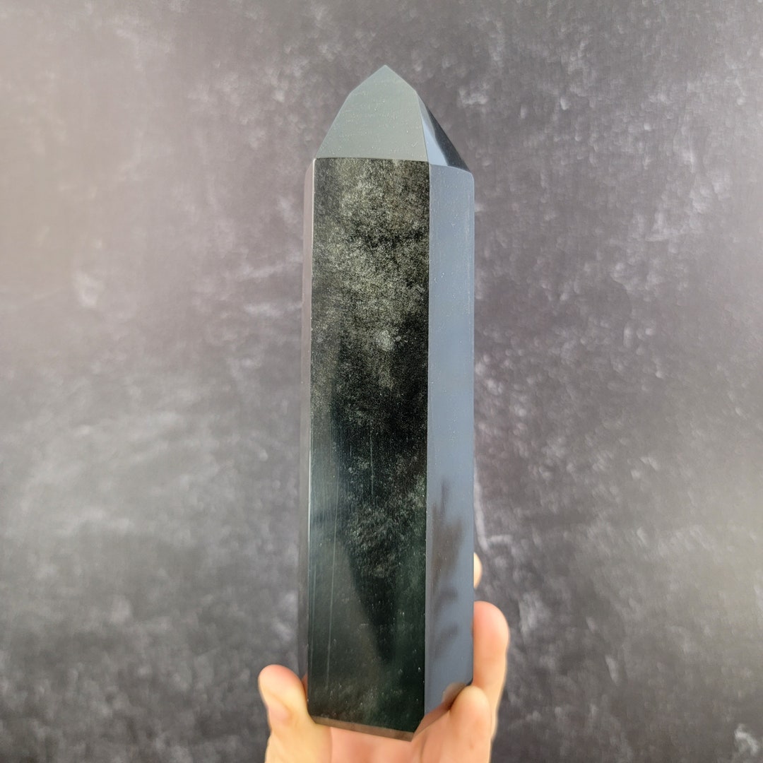 Obsidian Polished Tower From Brazil, Self Standing Silver Sheen Black ...