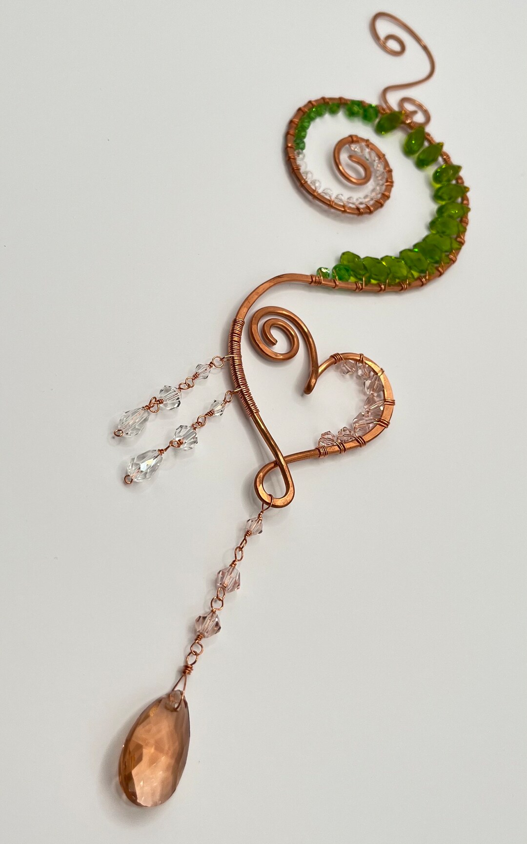 Hand Crafted Wire Wrapped Copper and Peach/ Pink/ Green Crystal Sun ...