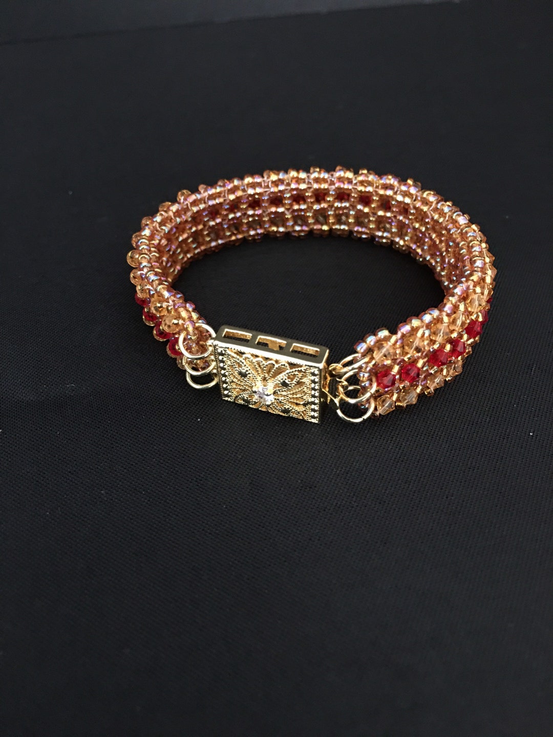 Hand Beaded Bracelet Red and Gold Crystals B80 - Etsy
