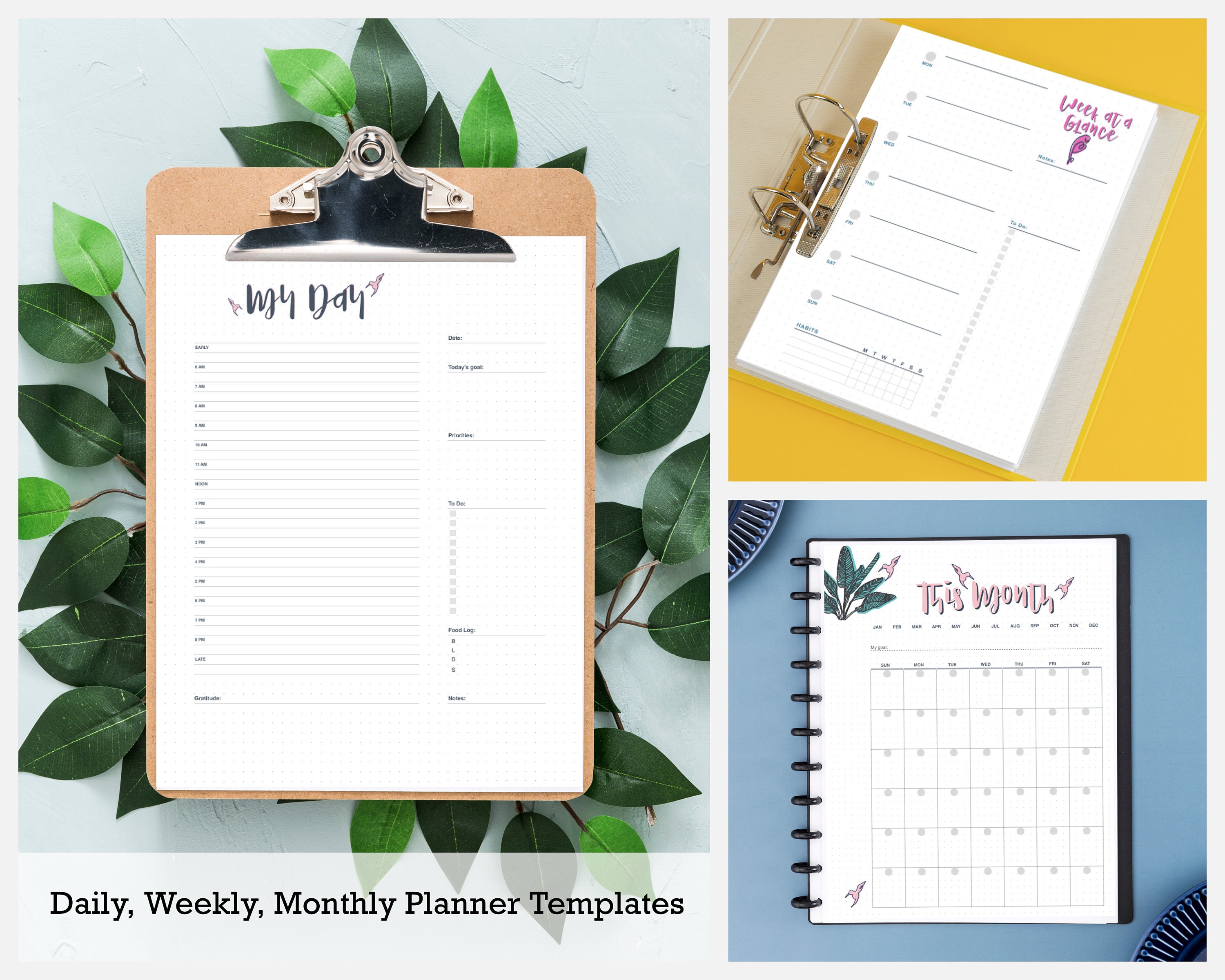 Printable Planner Template Bundle: Daily, Weekly and Monthly | Bird ...