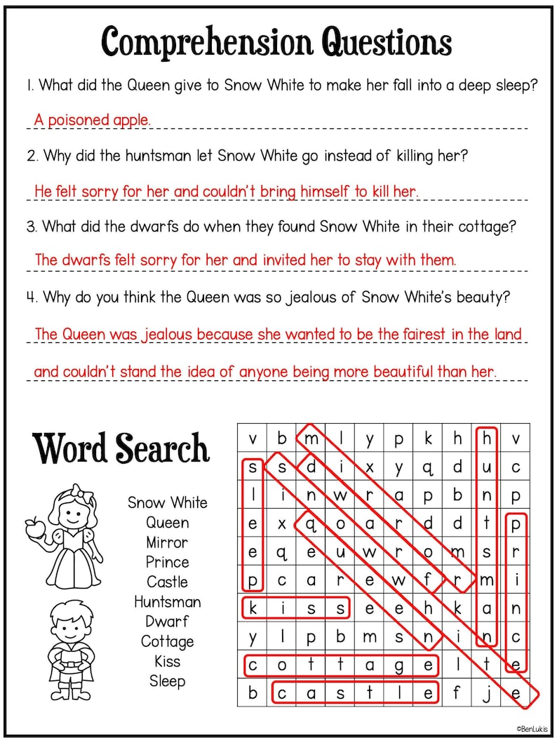 Snow White Reading, Comprehension Worksheets, Printable Word Search ...
