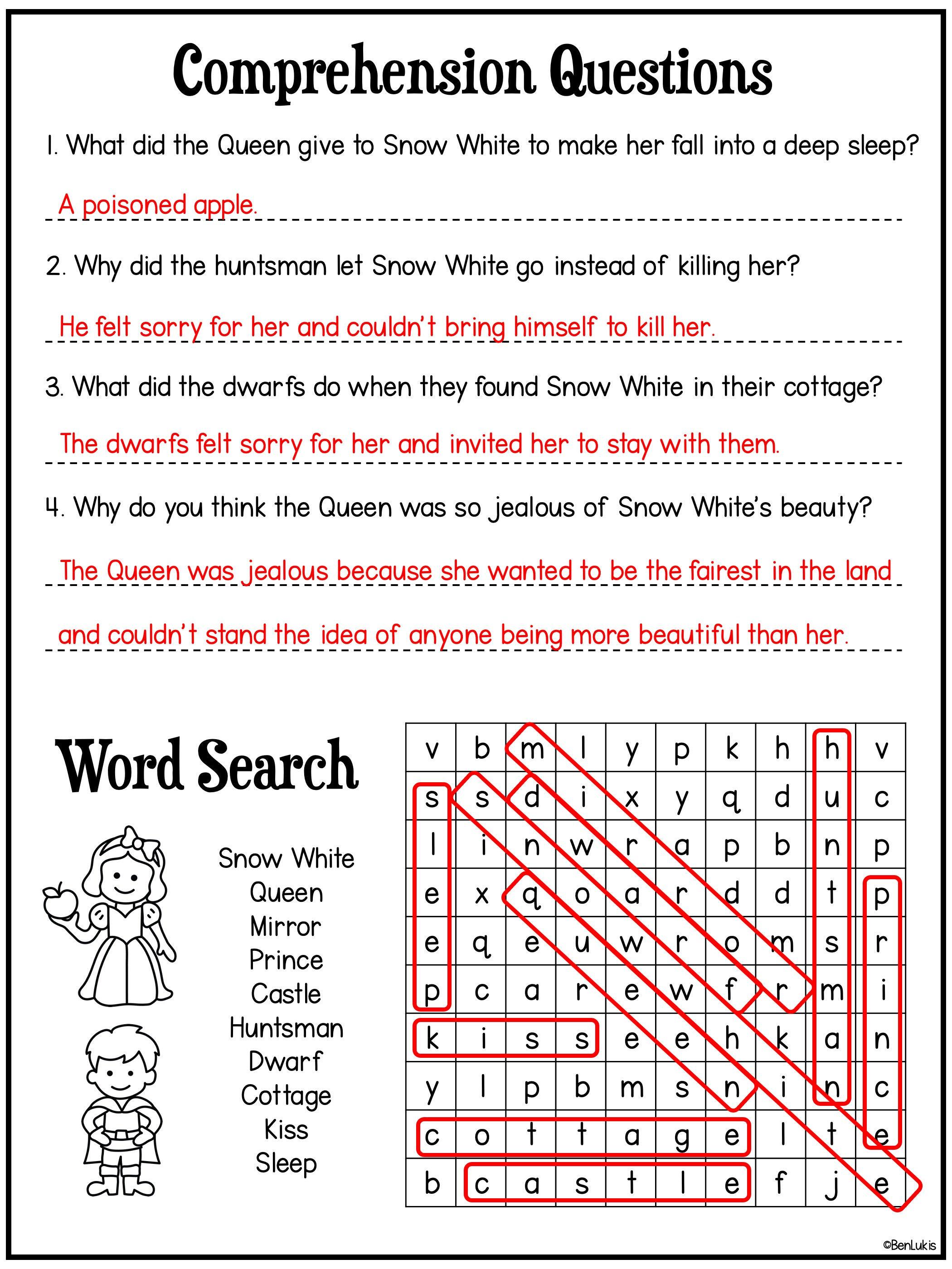 Snow White Reading, Comprehension Worksheets, Printable Word Search ...