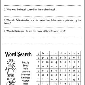 Beauty and the Beast Reading Activity, Comprehension Questions, Word ...
