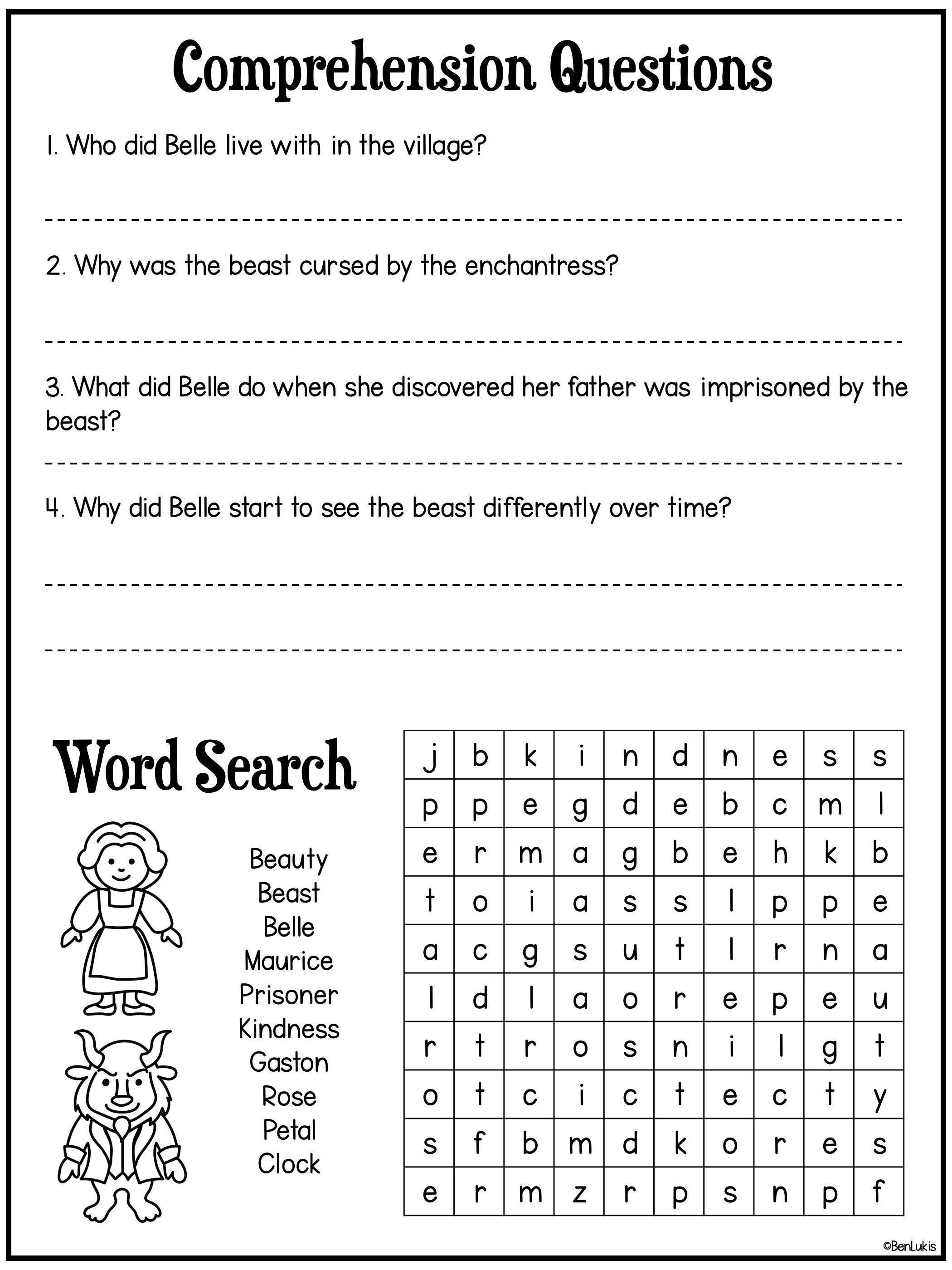 Beauty and the Beast Reading Activity, Comprehension Questions, Word ...