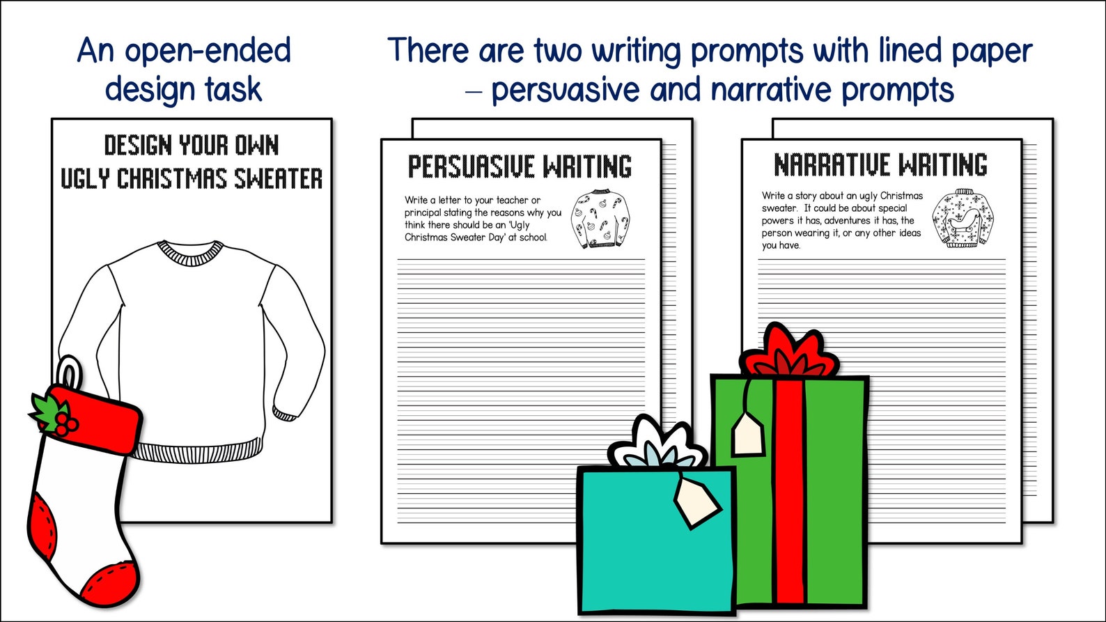 Ugly Christmas Sweater Word Search, Xmas Writing Prompts, Math ...