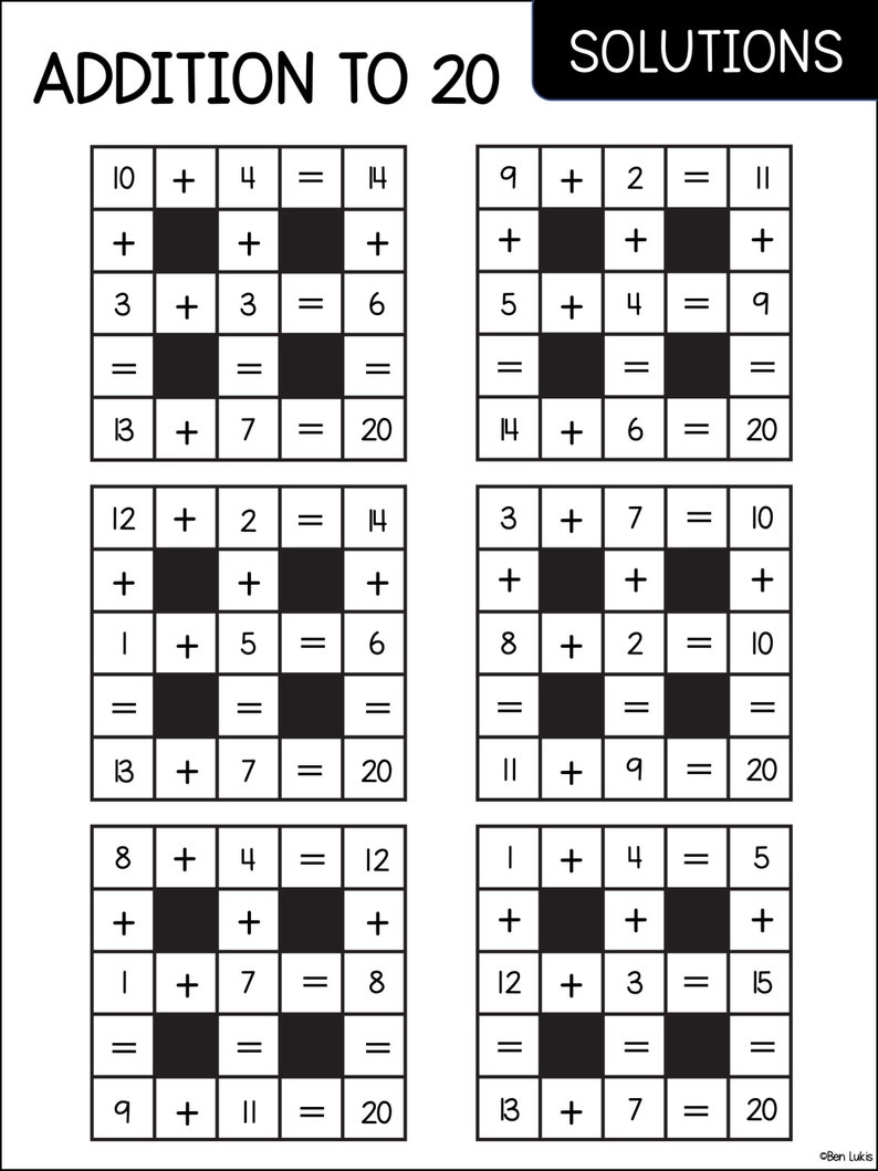 Addition Number Bonds to 10 and 20, Math Crosswords to Practice ...