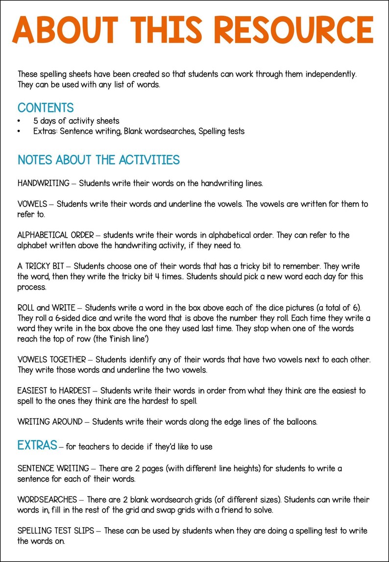 Daily Spelling Practice Activities, Homeschool Worksheets (PDF) - Etsy
