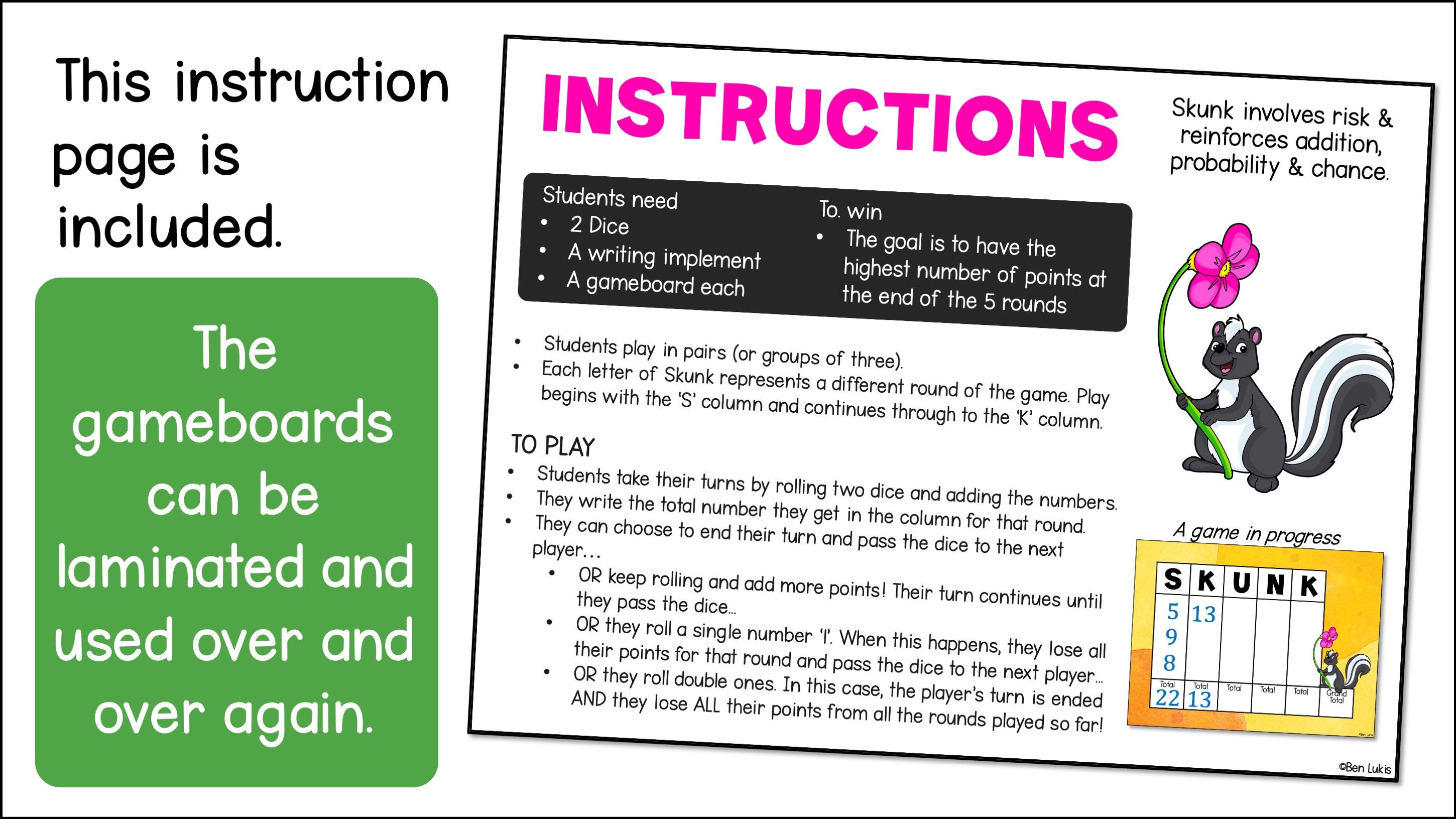 Skunk Math Game Addition Probability and Chance Printable PDF - Etsy UK