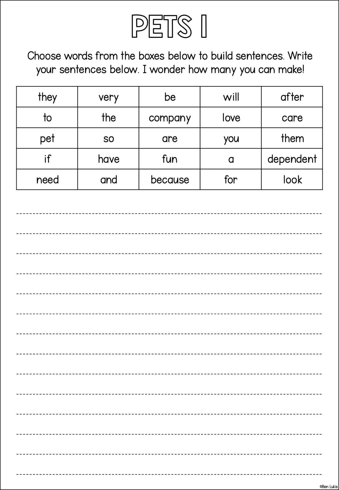 Building Sentences Using Words, Writing Sentences About Pets, Printable ...