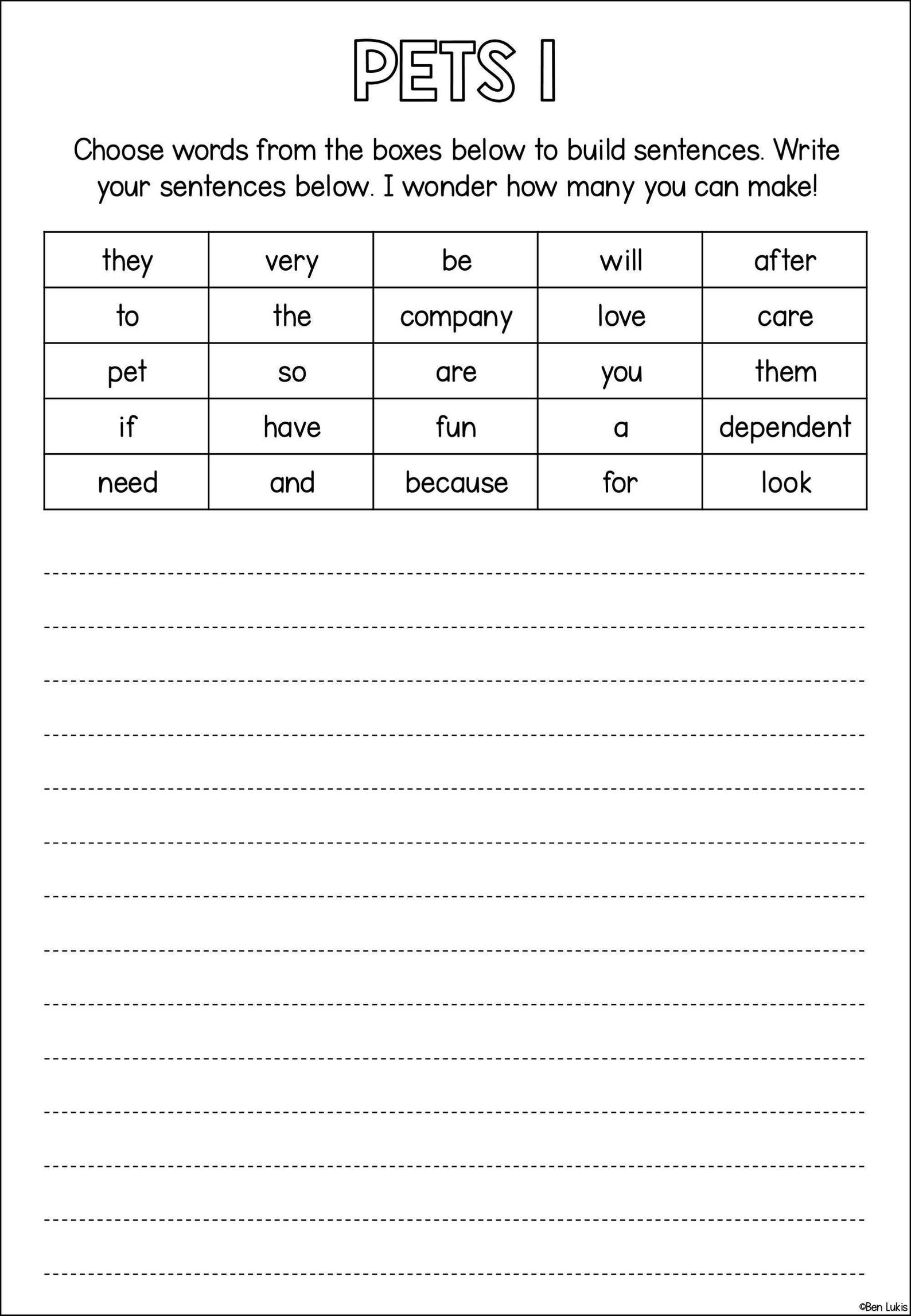 Building Sentences Using Words, Writing Sentences About Pets, Printable ...