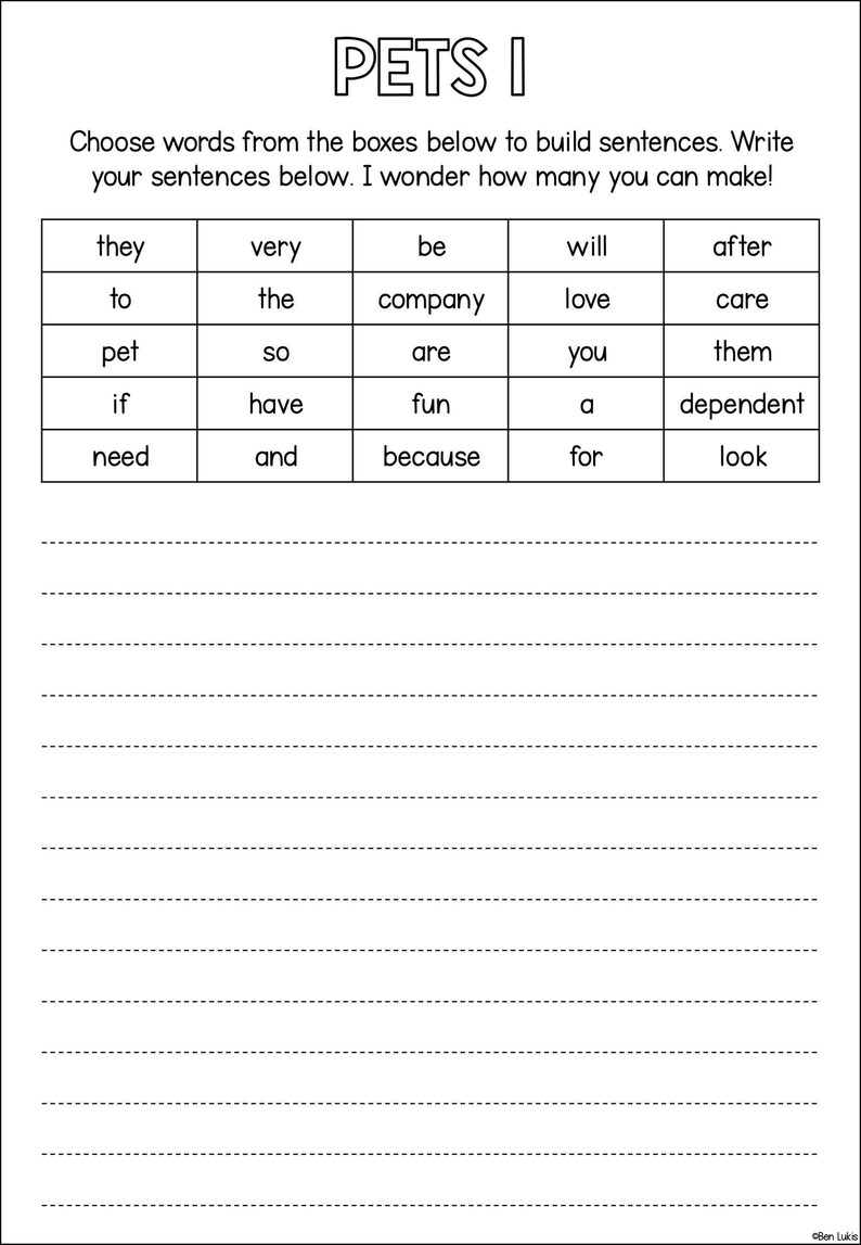 Building Sentences Using Words, Writing Sentences About Pets, Printable ...