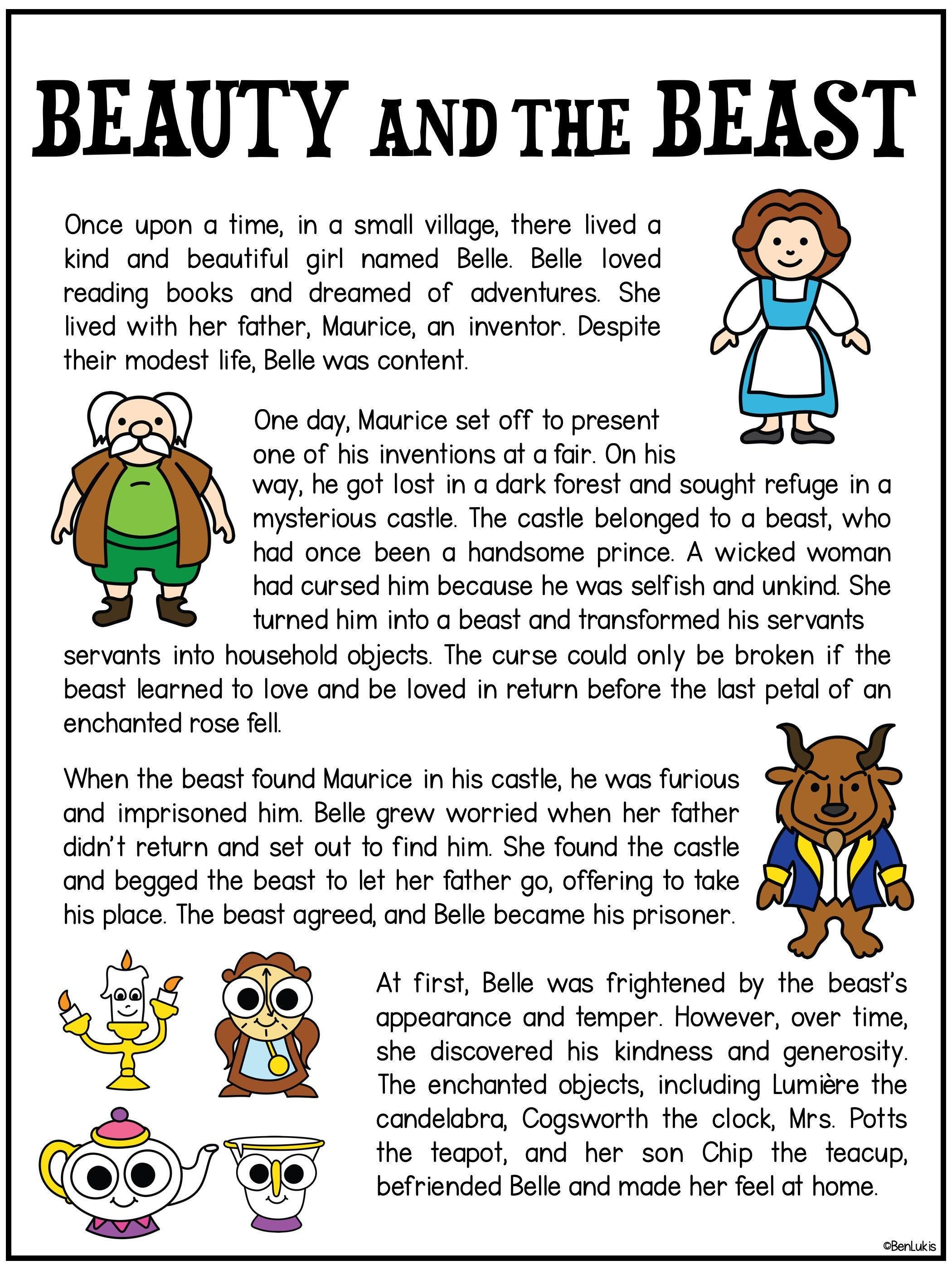 Beauty and the Beast Reading Activity, Comprehension Questions, Word ...