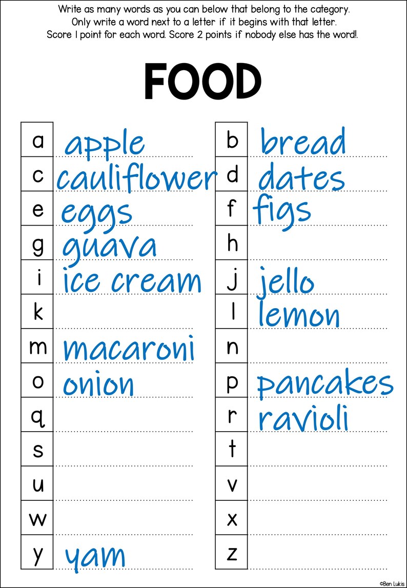 Vocabulary Word Game of Categories, Creative Thinking and Writing ...