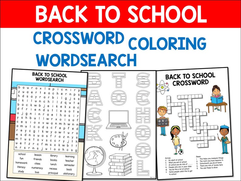 Back to School Activities, Word Search, Crossword, Coloring Page, New ...