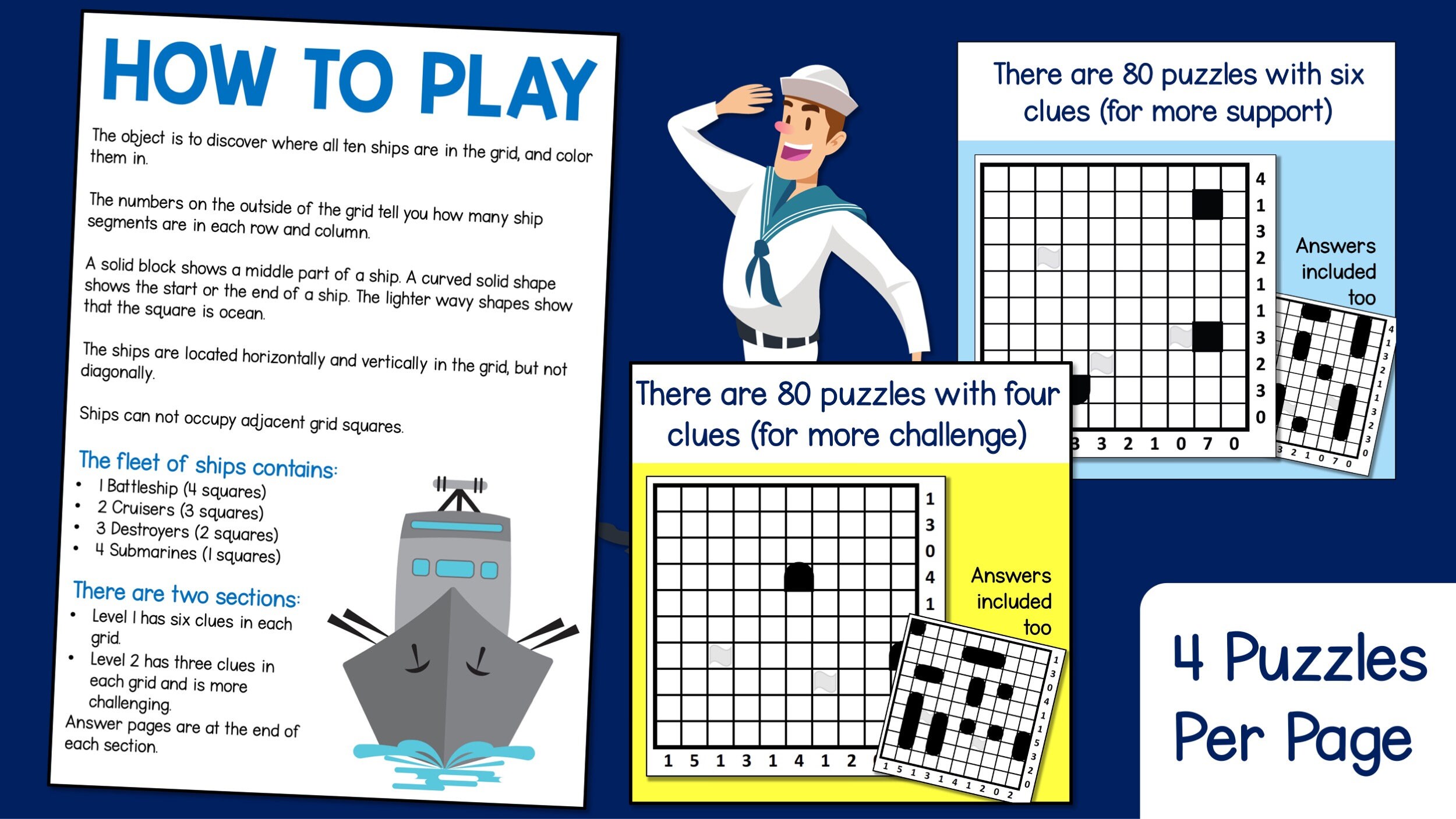 Printable Battleship Puzzles, 160 Logic Games, Printable Brain Teasers ...