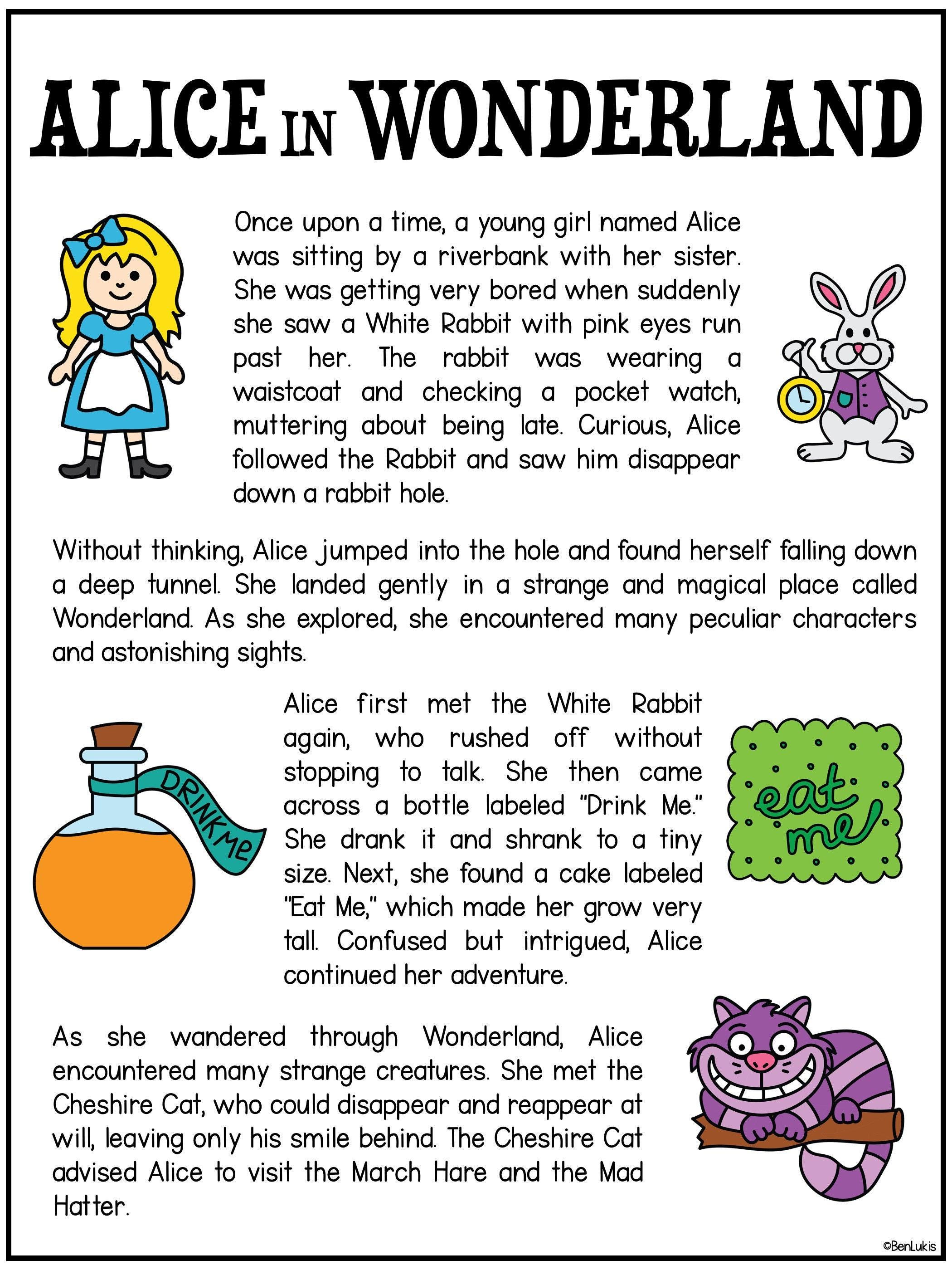 Alice in Wonderland Reading Activities Pack, Comprehension Questions ...