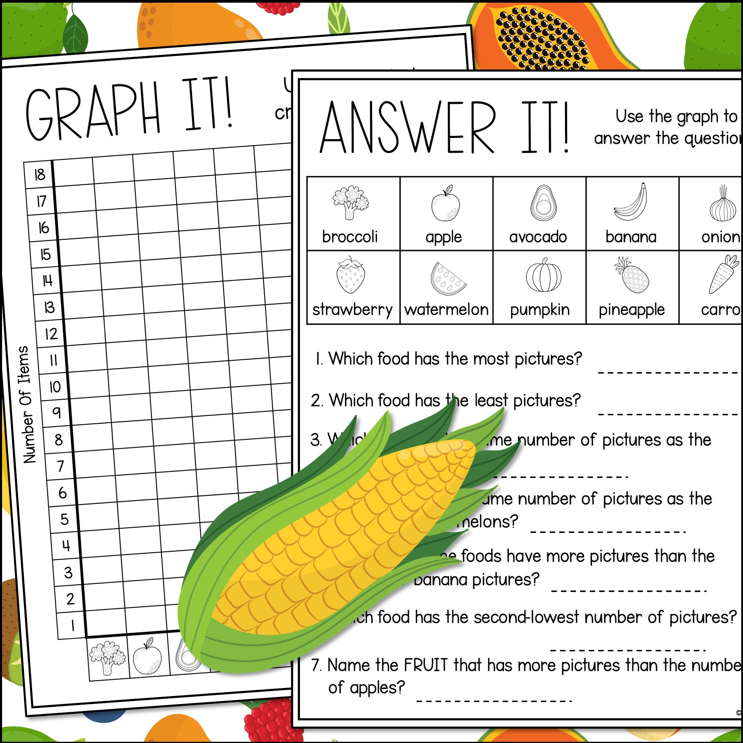 Fruit and Vegetables Count & Graphing Math Worksheets, Healthy Eating ...