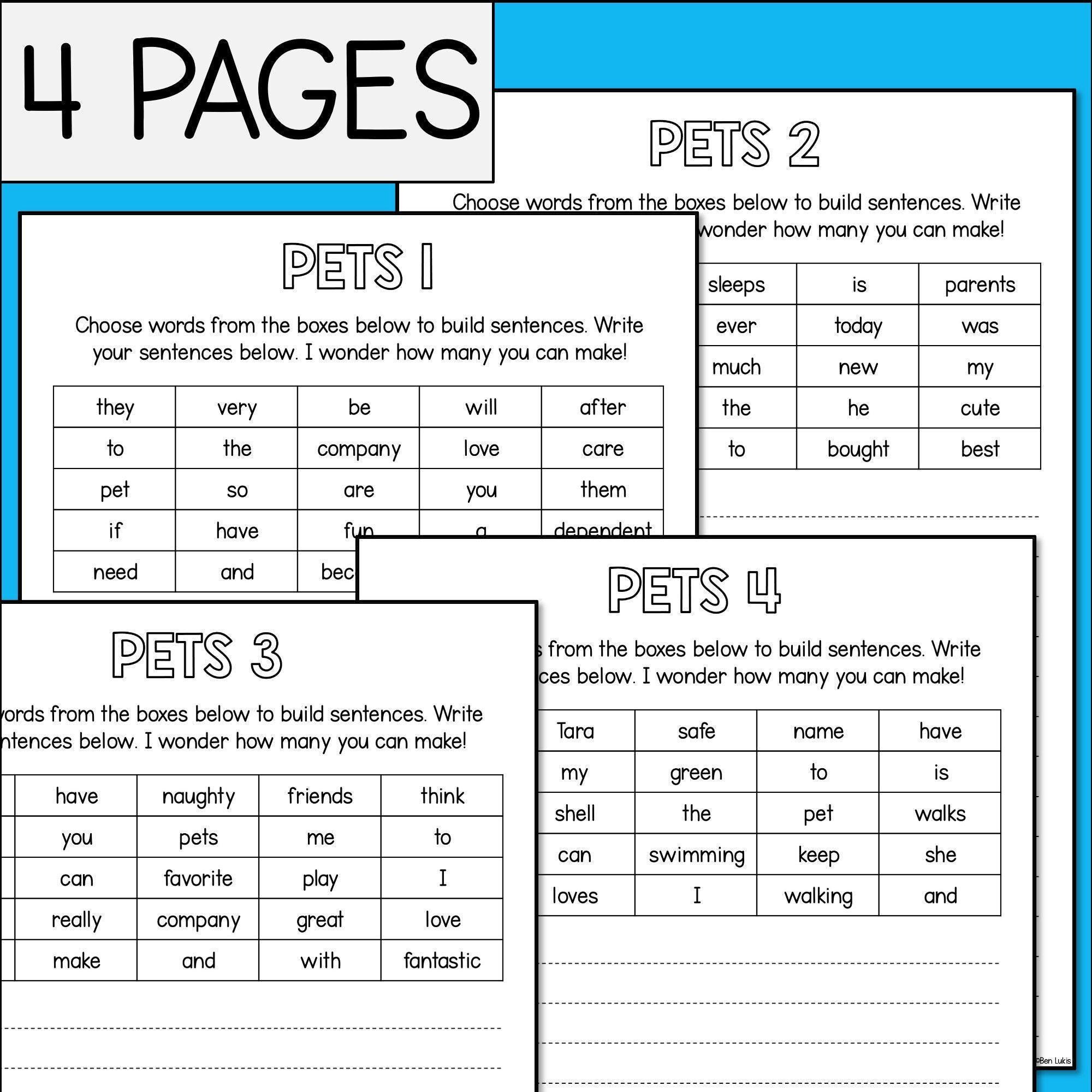Building Sentences Using Words, Writing Sentences About Pets, Printable ...