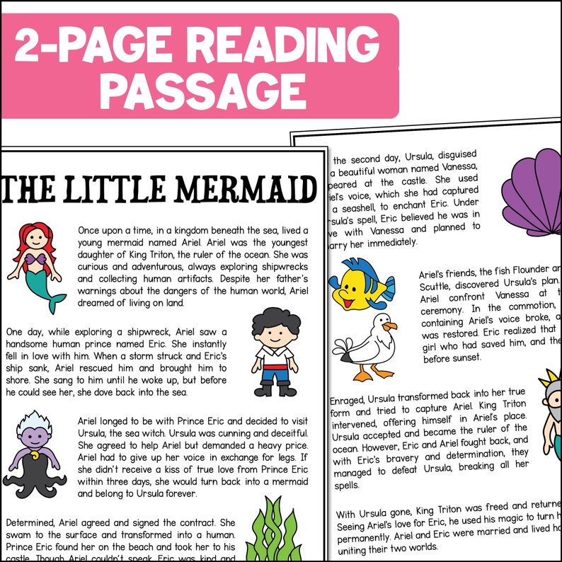 The Little Mermaid Activity Pack, Reading Comprehension Worksheets ...