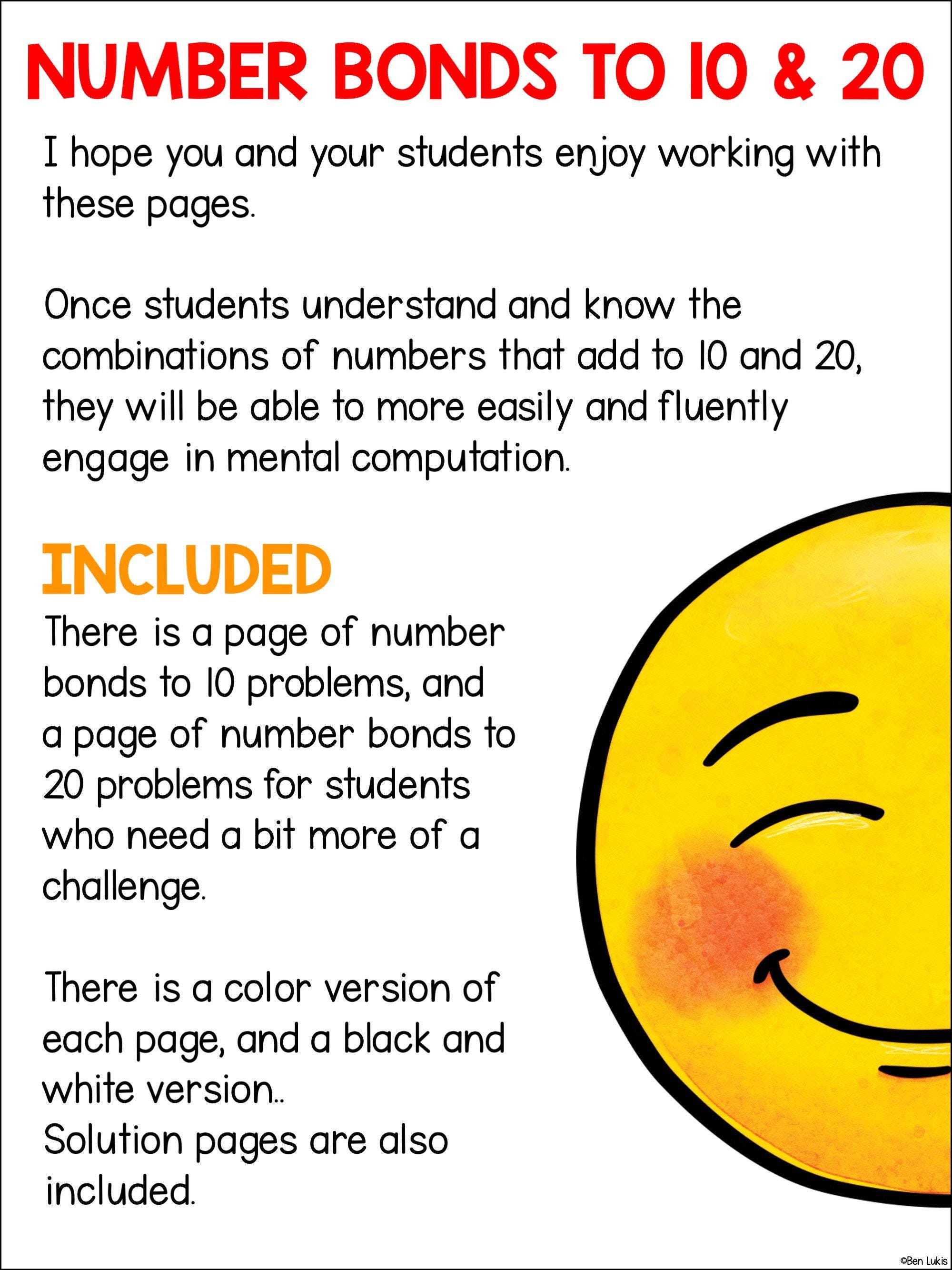 Number Bonds to 10 & 20 Worksheets, Math Facts and Early Algebra ...