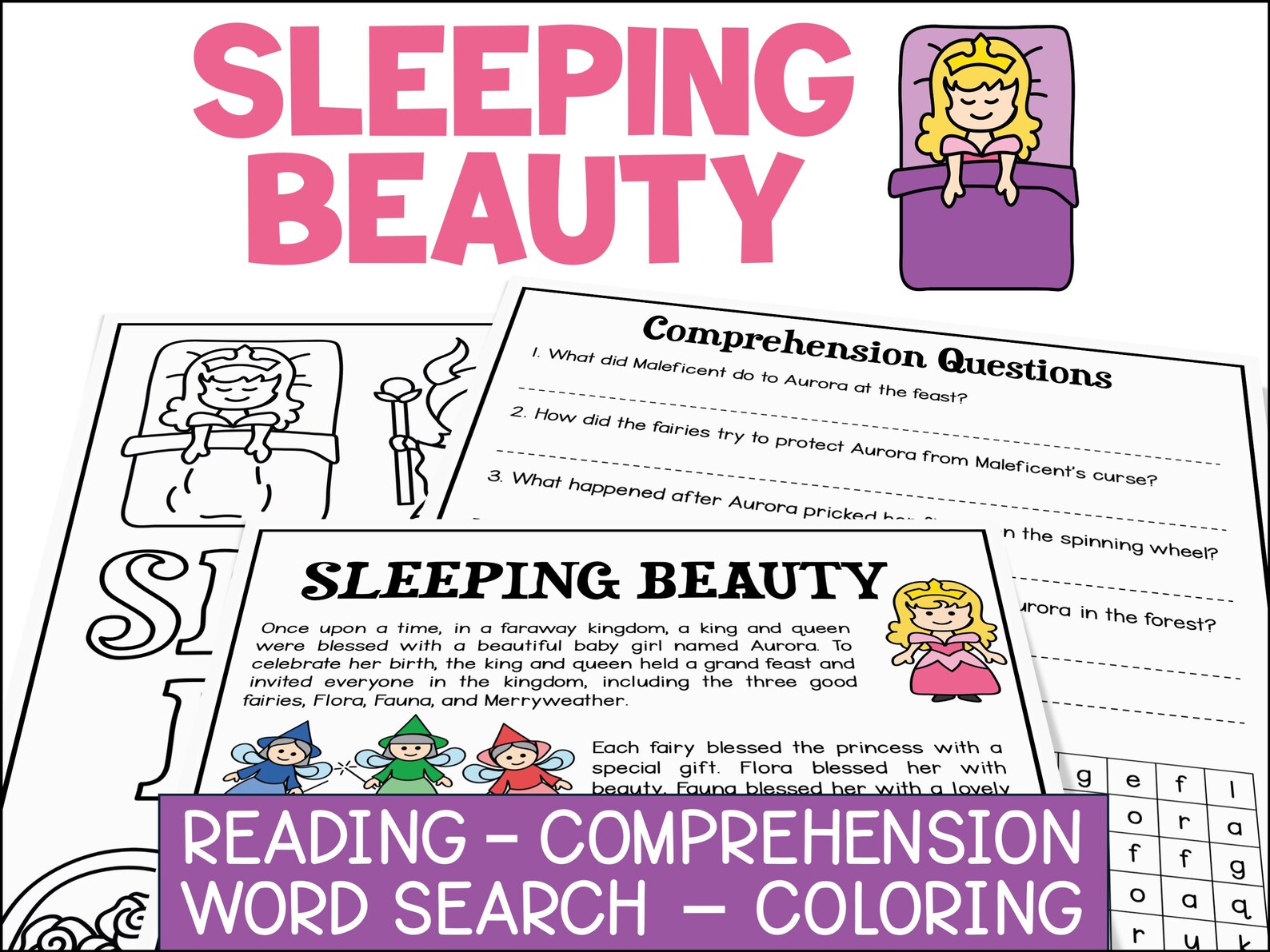 Sleeping Beauty Comprehension Worksheets, Reading Activities, Word ...