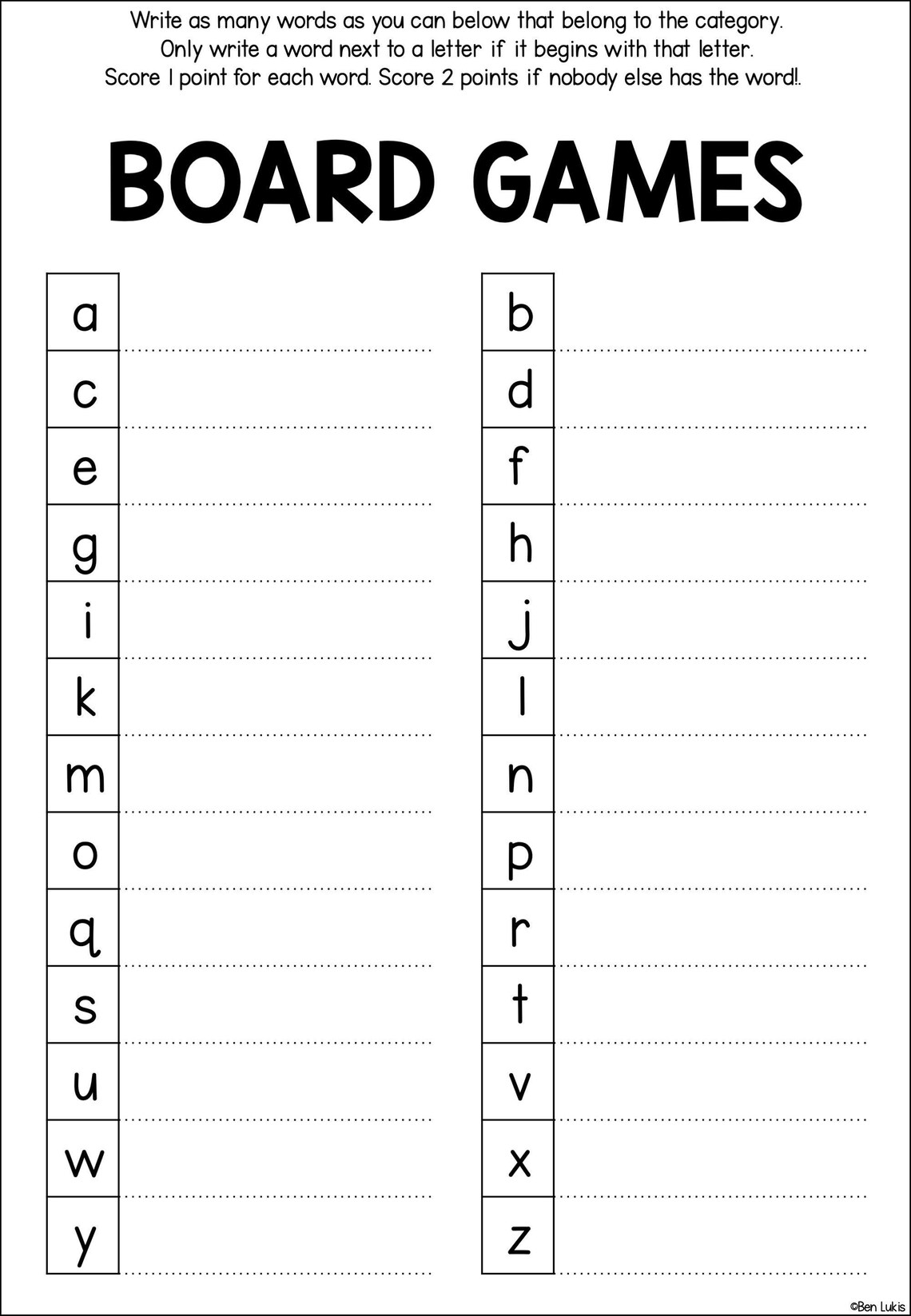 Vocabulary Word Game of Categories, Creative Thinking & Writing ...