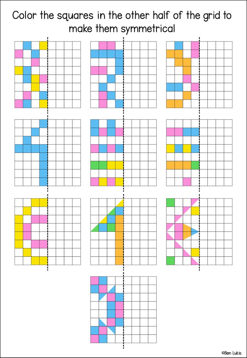 Symmetry Art Math Worksheets, Pattern Symmetry Drawing Activities for ...