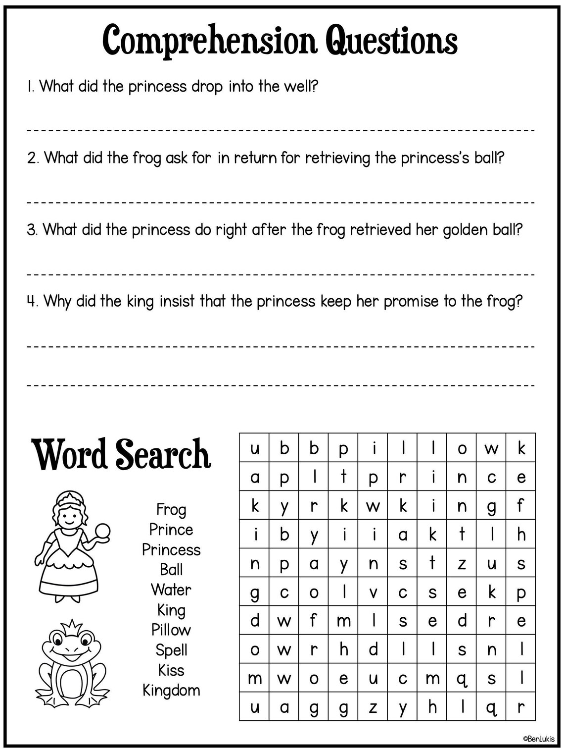 The Frog Prince Activity Pack, Reading Comprehension Worksheets, Word ...