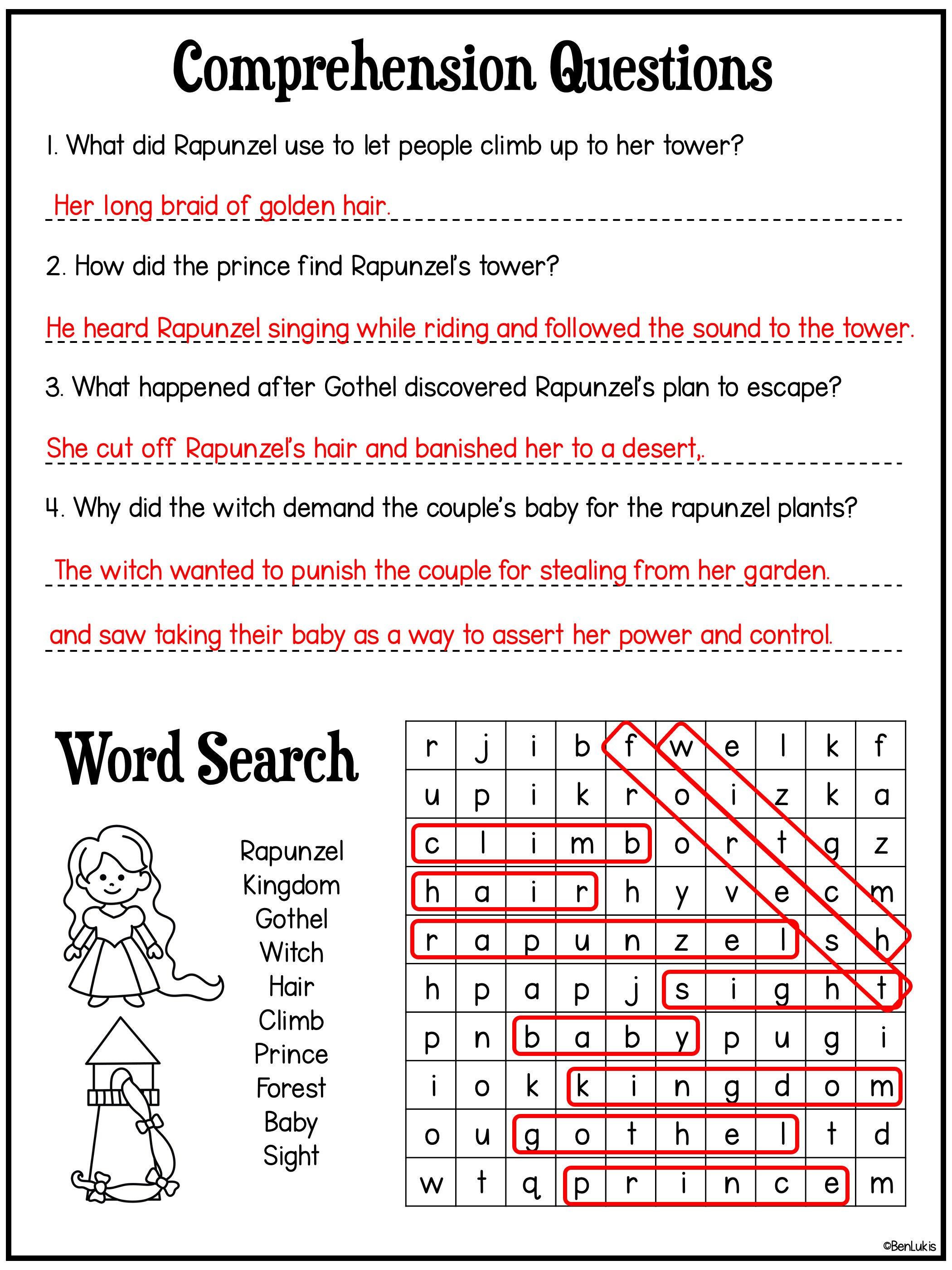 Rapunzel Reading Comprehension, Word Search, Coloring Pages, Fun ...