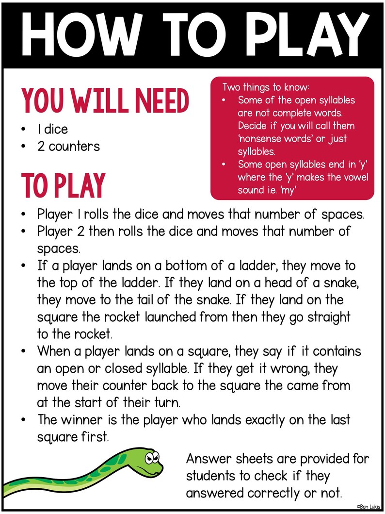 Snakes and Ladders Game for Open and Closed Syllables, Printable Board ...