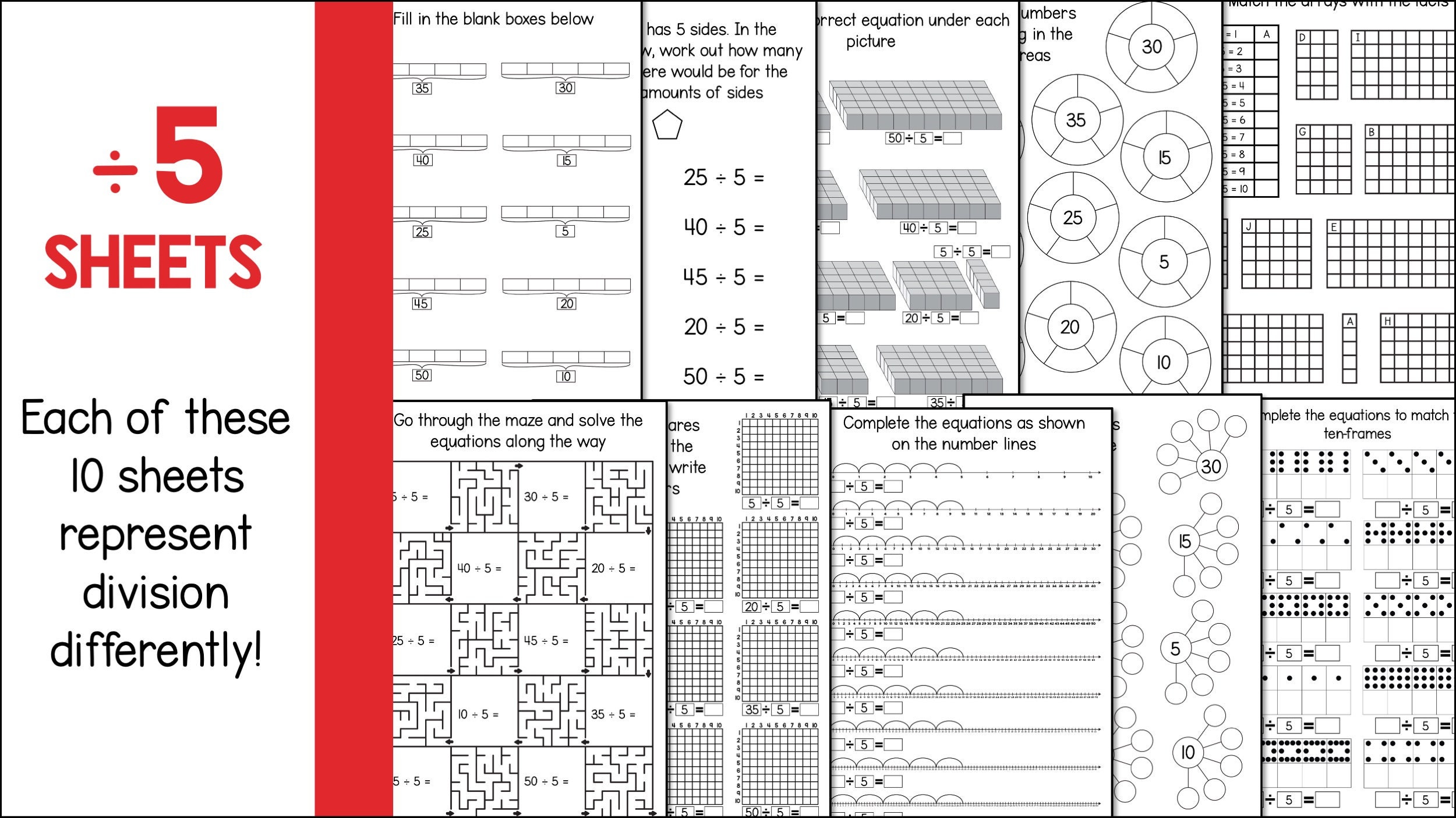 Division Practice Worksheets, Dividing by 5, Division Facts for 5, Math ...
