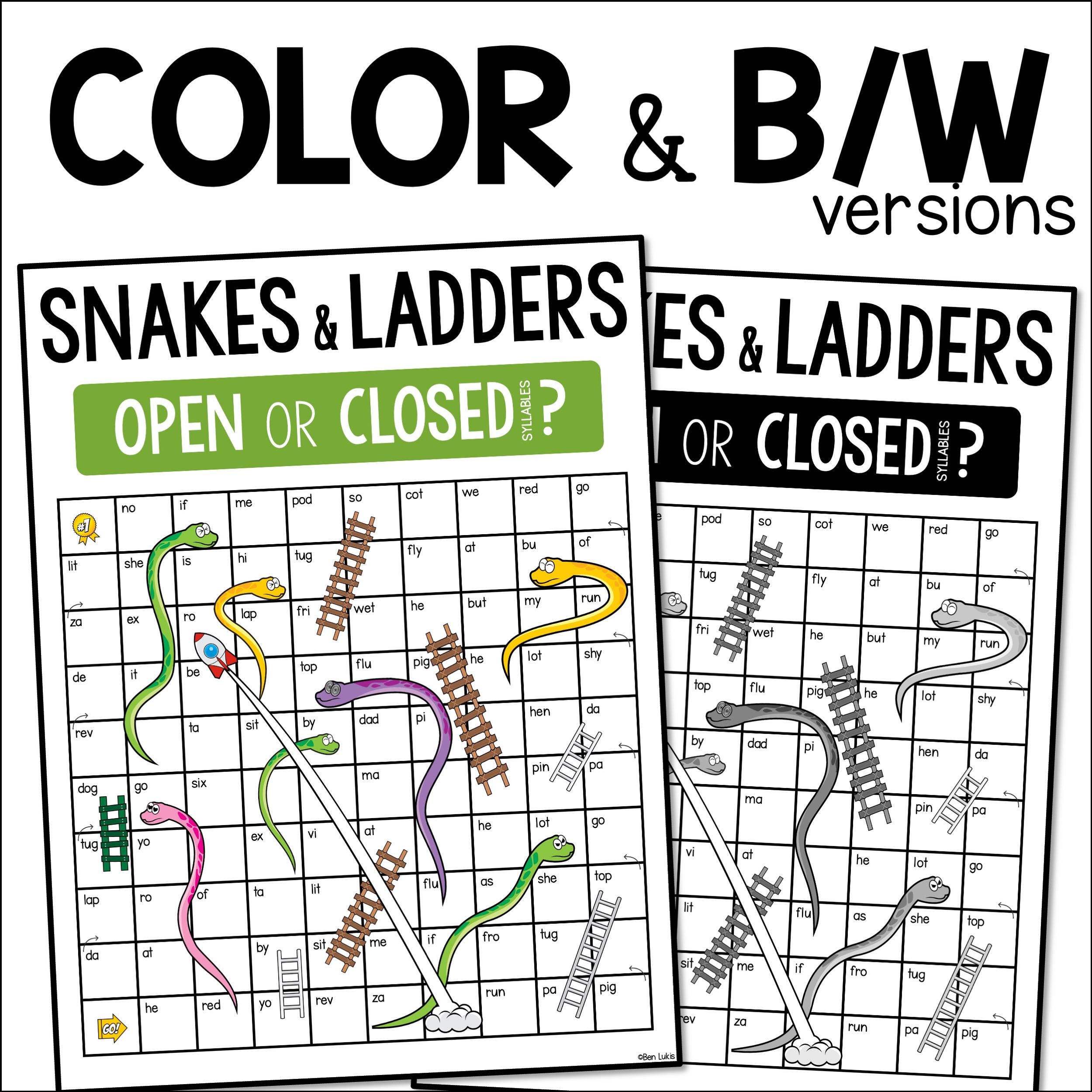 Snakes and Ladders Game for Open and Closed Syllables, Printable Board ...