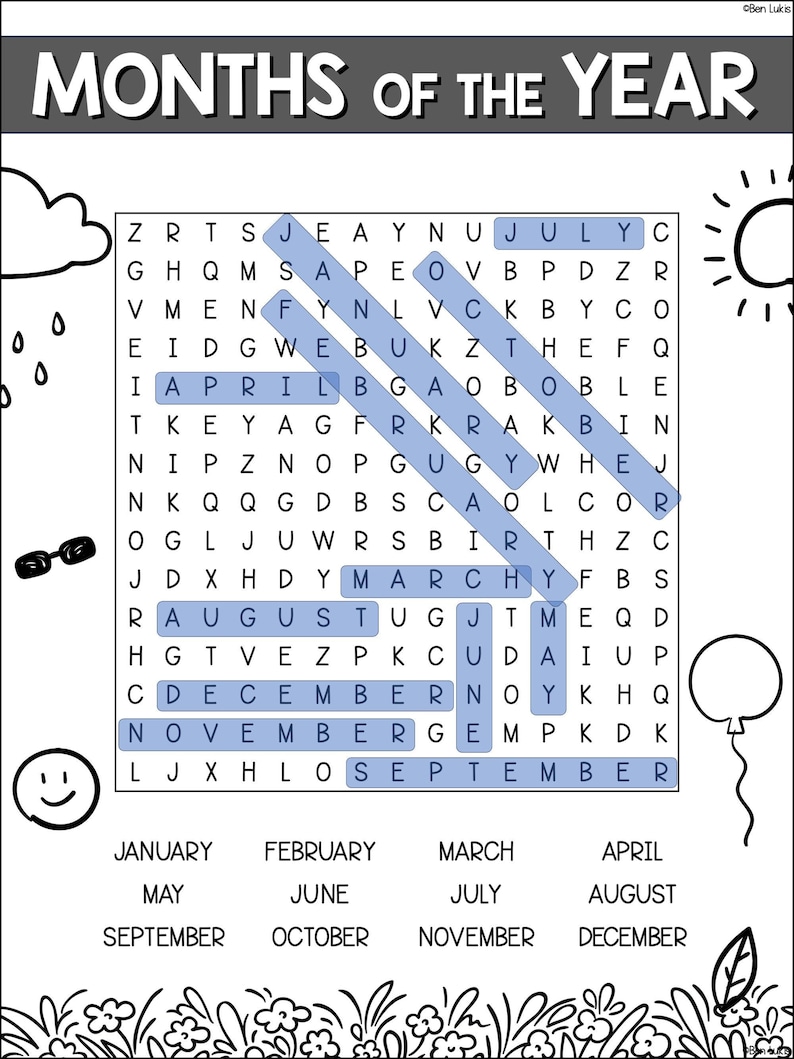 Word Search Puzzles for Days of Week, Months of the Year, Time Word ...