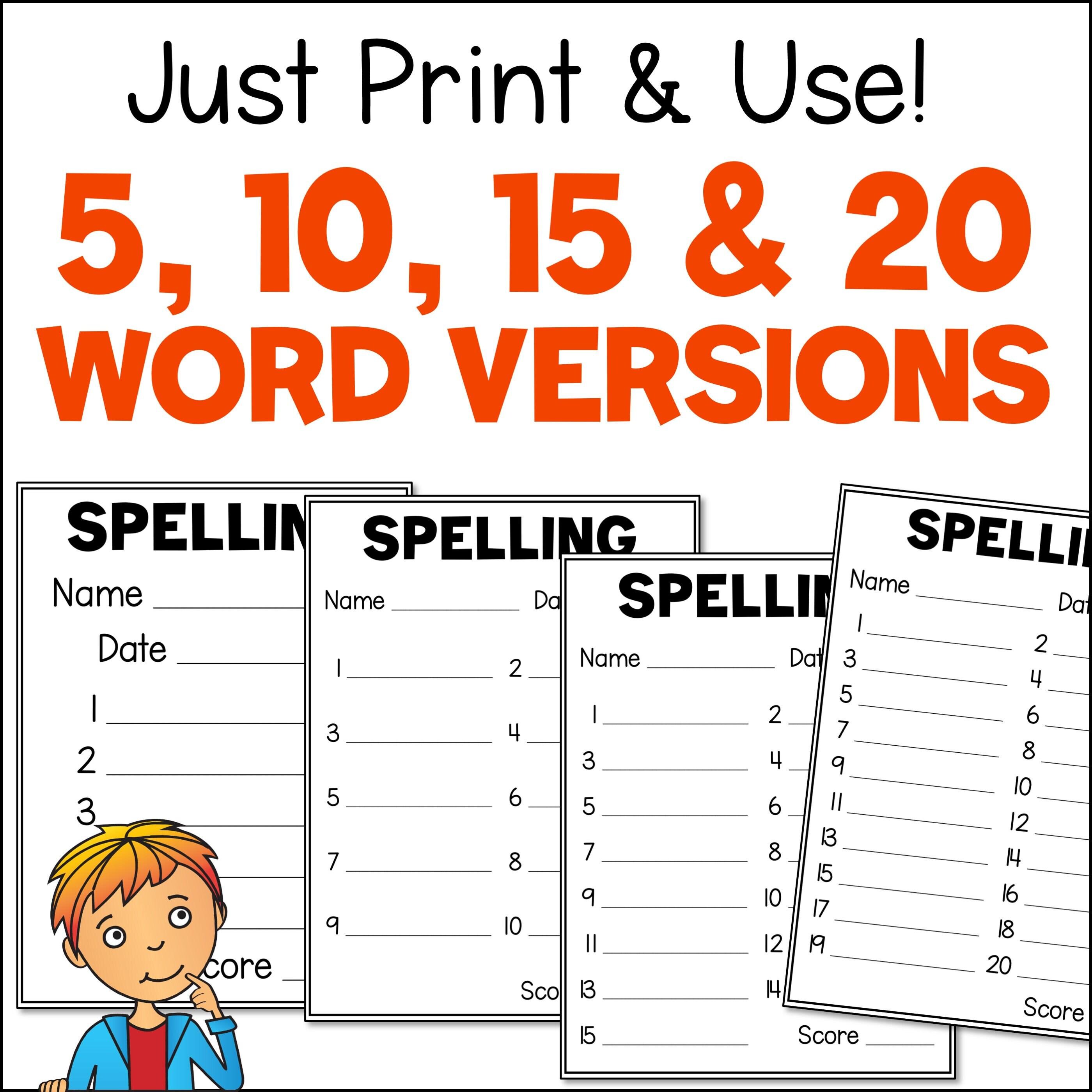 Spelling Test Templates for 5, 10, 15, 20 Words Blank Lined Spelling ...