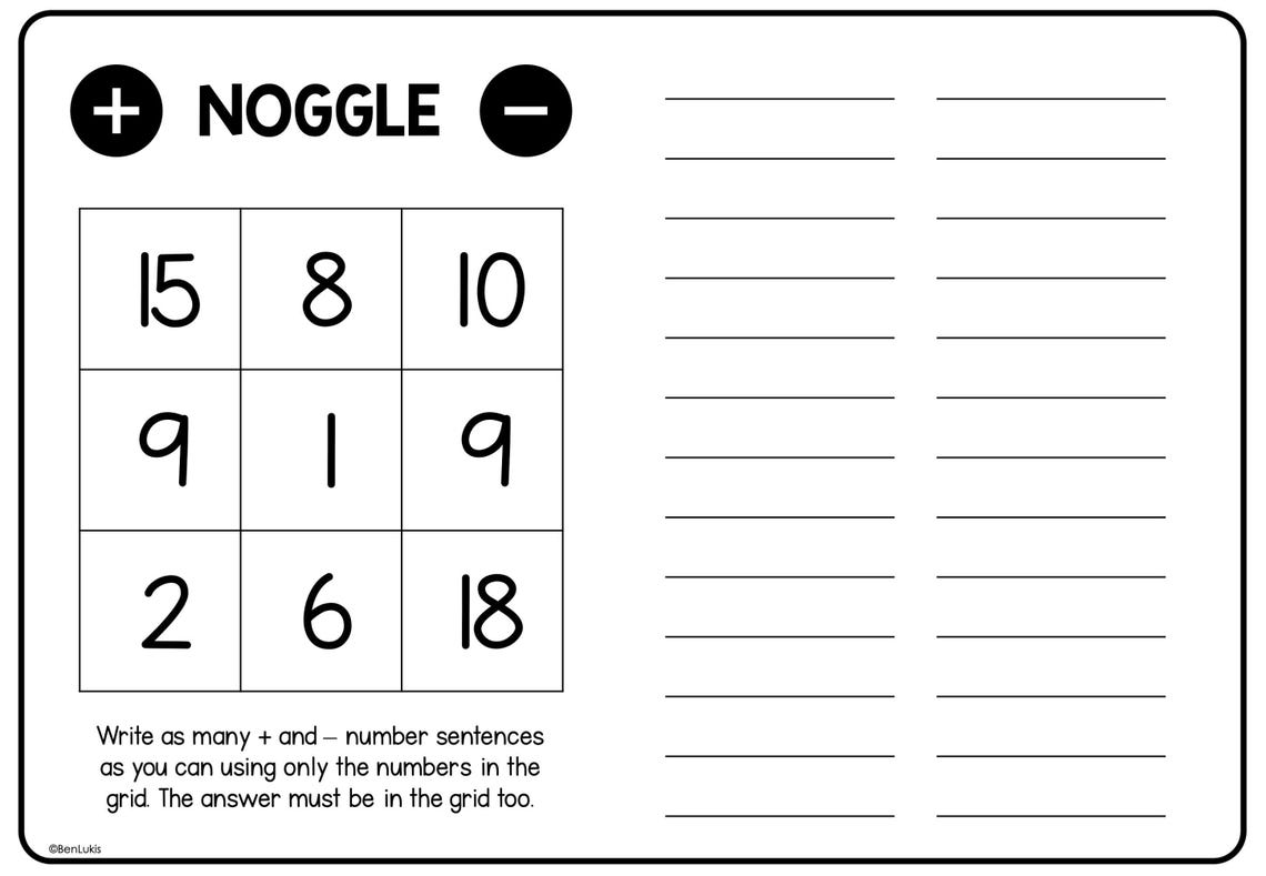 Addition and Subtraction Math Game, Noggle - Math Boggle, Printable ...