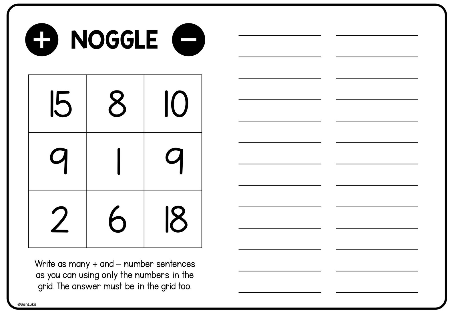 Addition and Subtraction Math Game, Noggle - Math Boggle, Printable ...