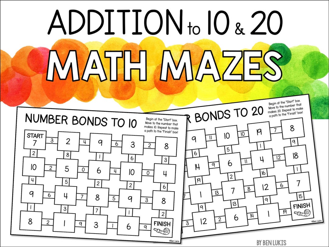 Addition Math Mazes for Kids, Number Bonds to 10 and 20, Printable PDF ...