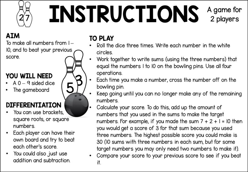Four Operations Math Game, Bowling Numbers, Math Facts Printable PDF ...