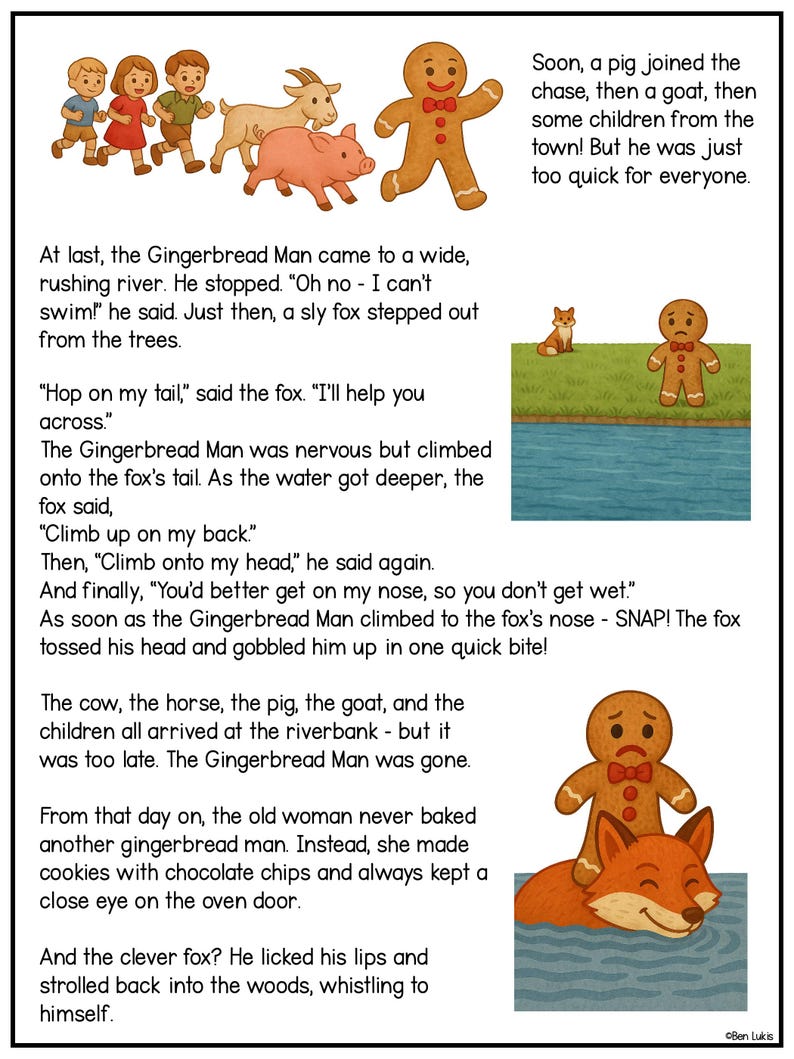 The Gingerbread Man Reading Passages, Fairy Tale to Read, Stories and ...