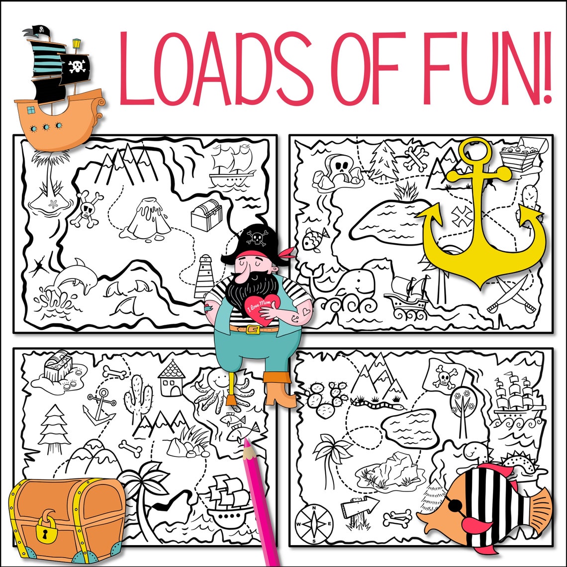 Pirate Treasure Maps Coloring Pages, Kids Printable Activity, Digital ...