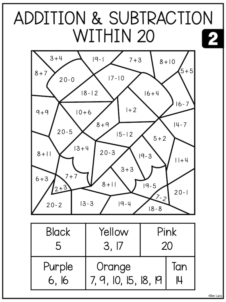 Color by Number Addition and Subtraction Within 20 Worksheets, Math ...
