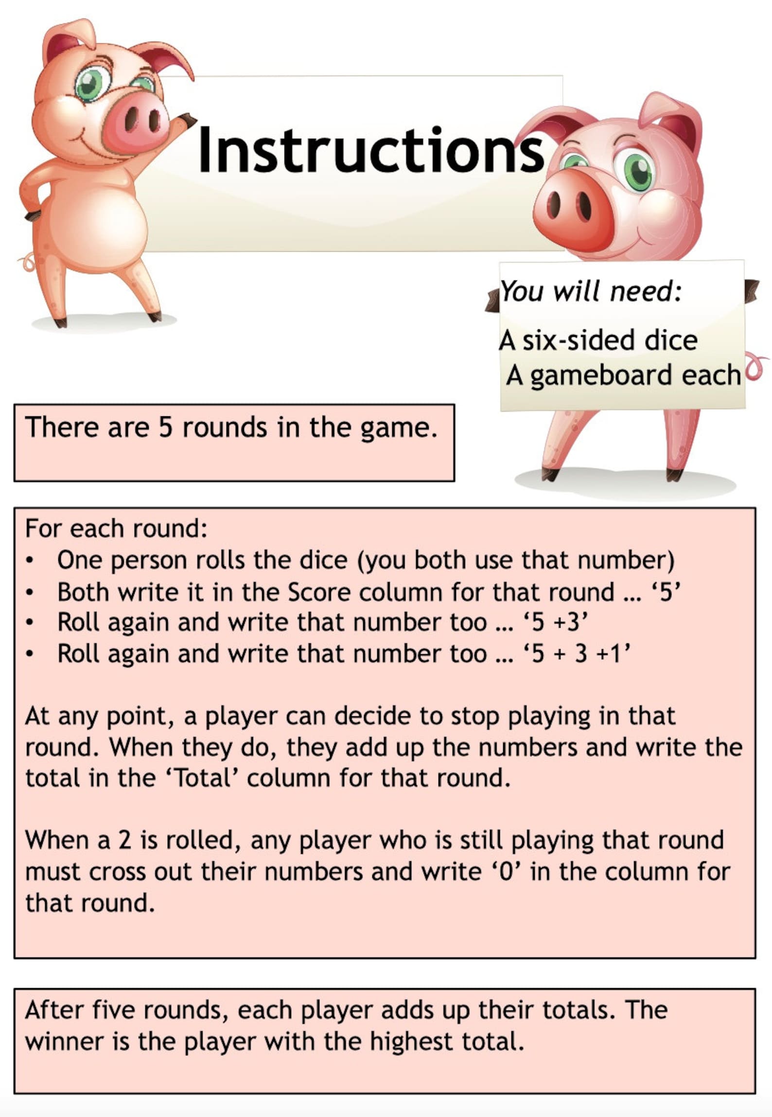 Addition and Probability Math game Greedy Pig | Etsy